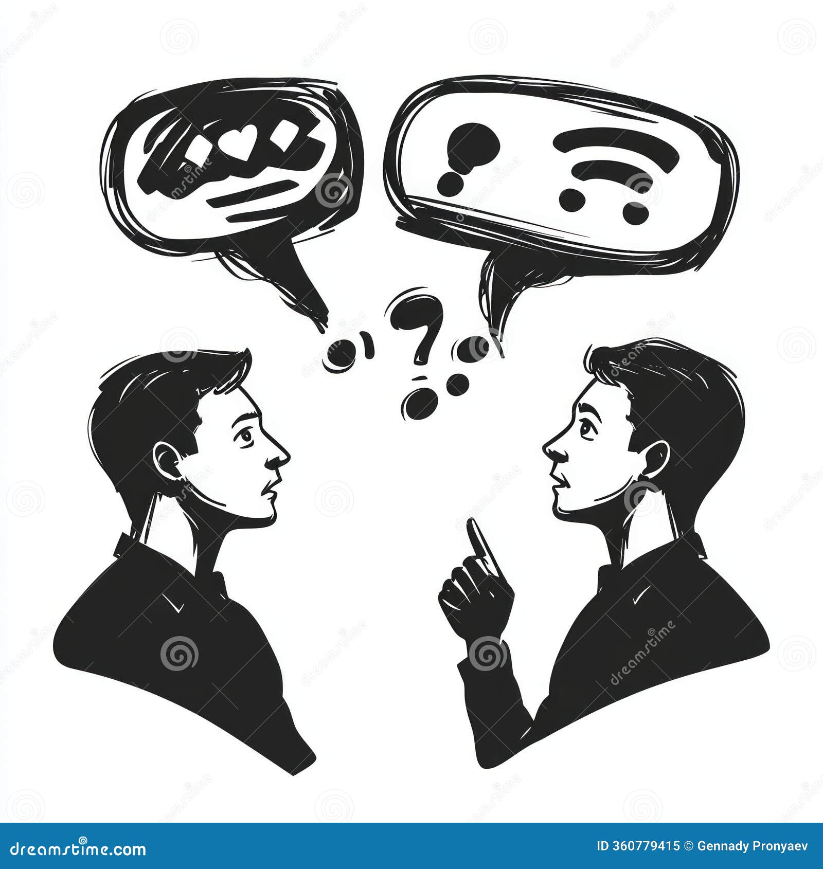 Two Men Discussing Ideas with Thought Bubbles on Modern Communication ...