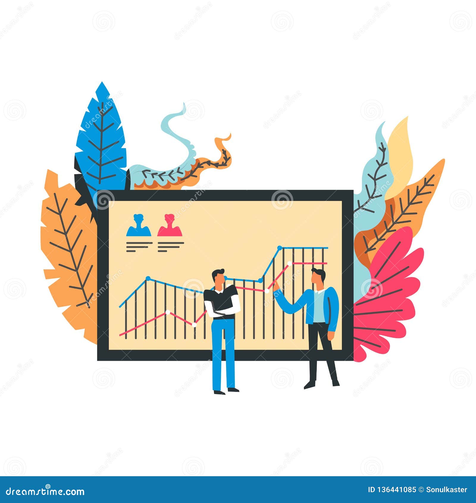 Two Men Discussing the Line Graph Data Chart, Graphic Presentation with ...