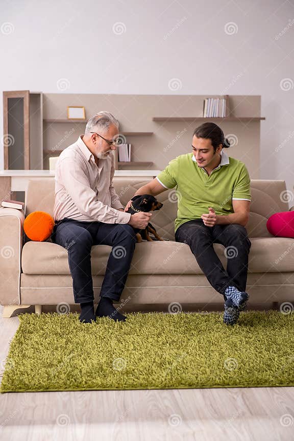 Two men with dog at home stock photo. Image of room - 217400426