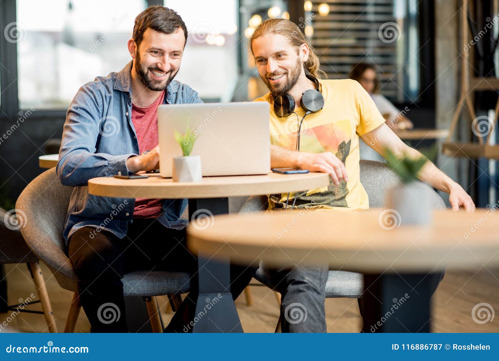 Men working in the cafe stock image. Image of hipster - 116886787