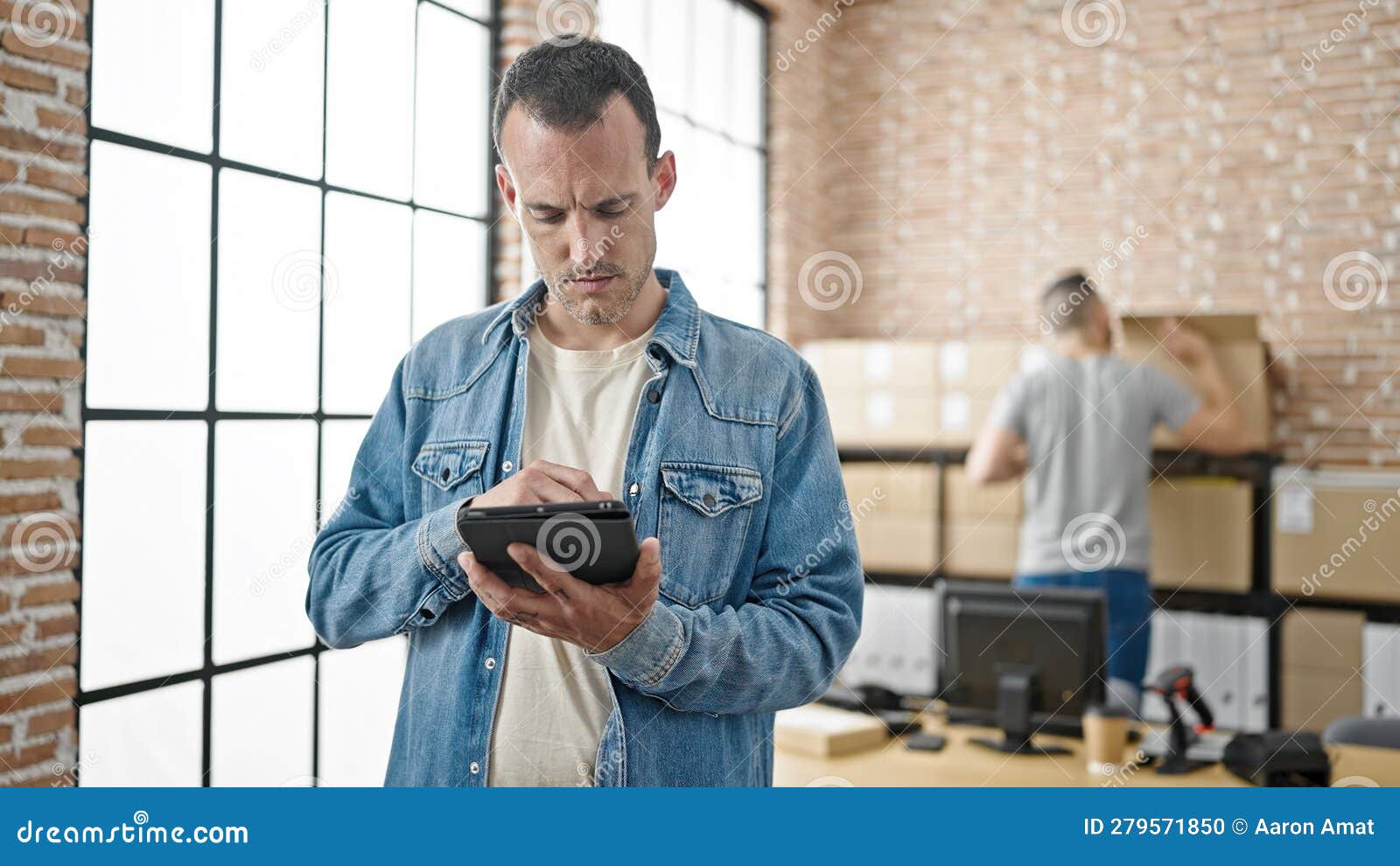 Two Men Ecommerce Business Workers Using Touchpad Working at Office ...