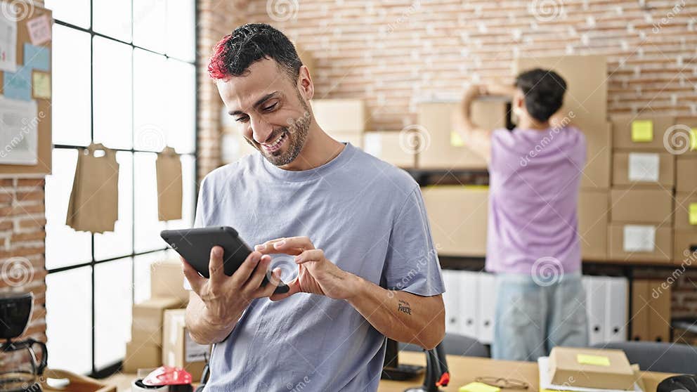 Two Men Ecommerce Business Workers Using Touchpad Working at Office ...