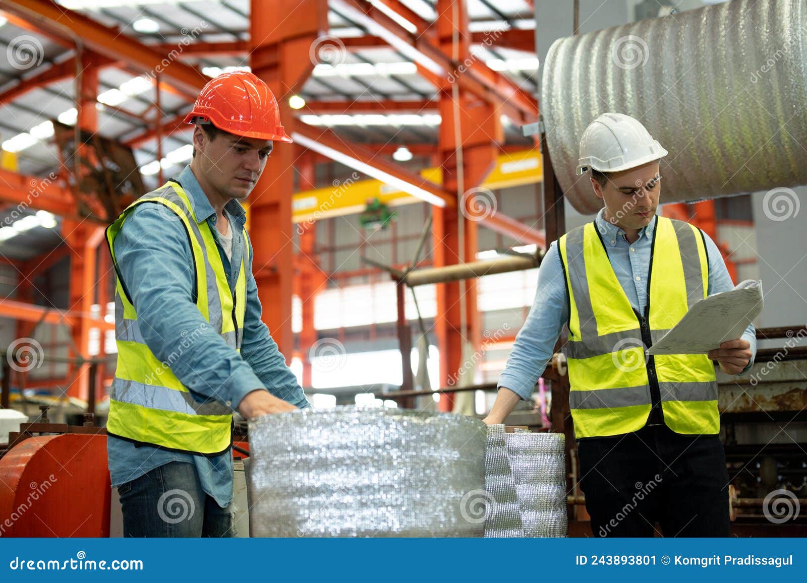Two Men Engineer Talking in Modern Factory. Production Line Machine and ...