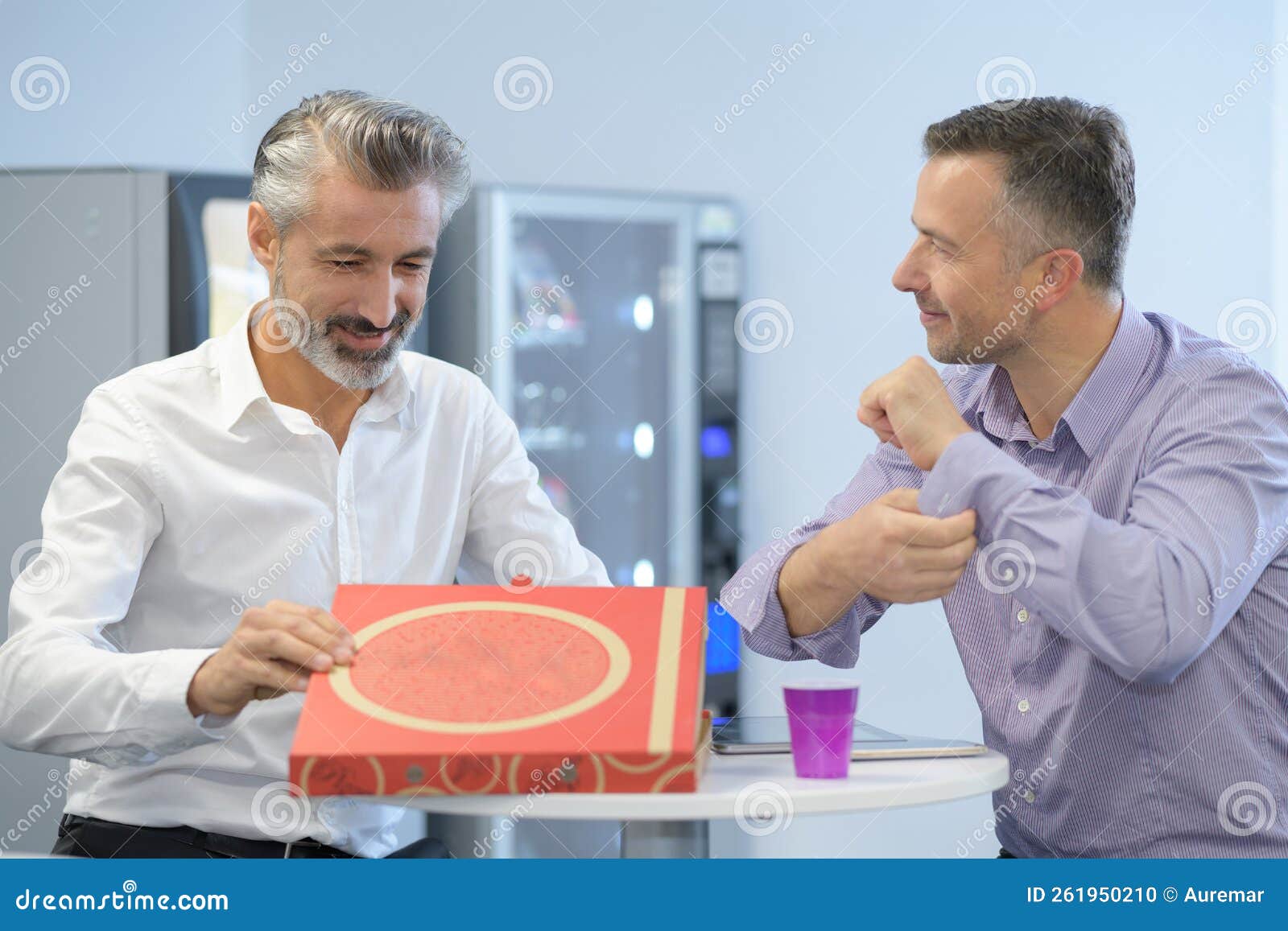 Two Men Friends Eating Pizza during Break at Work Stock Photo - Image ...