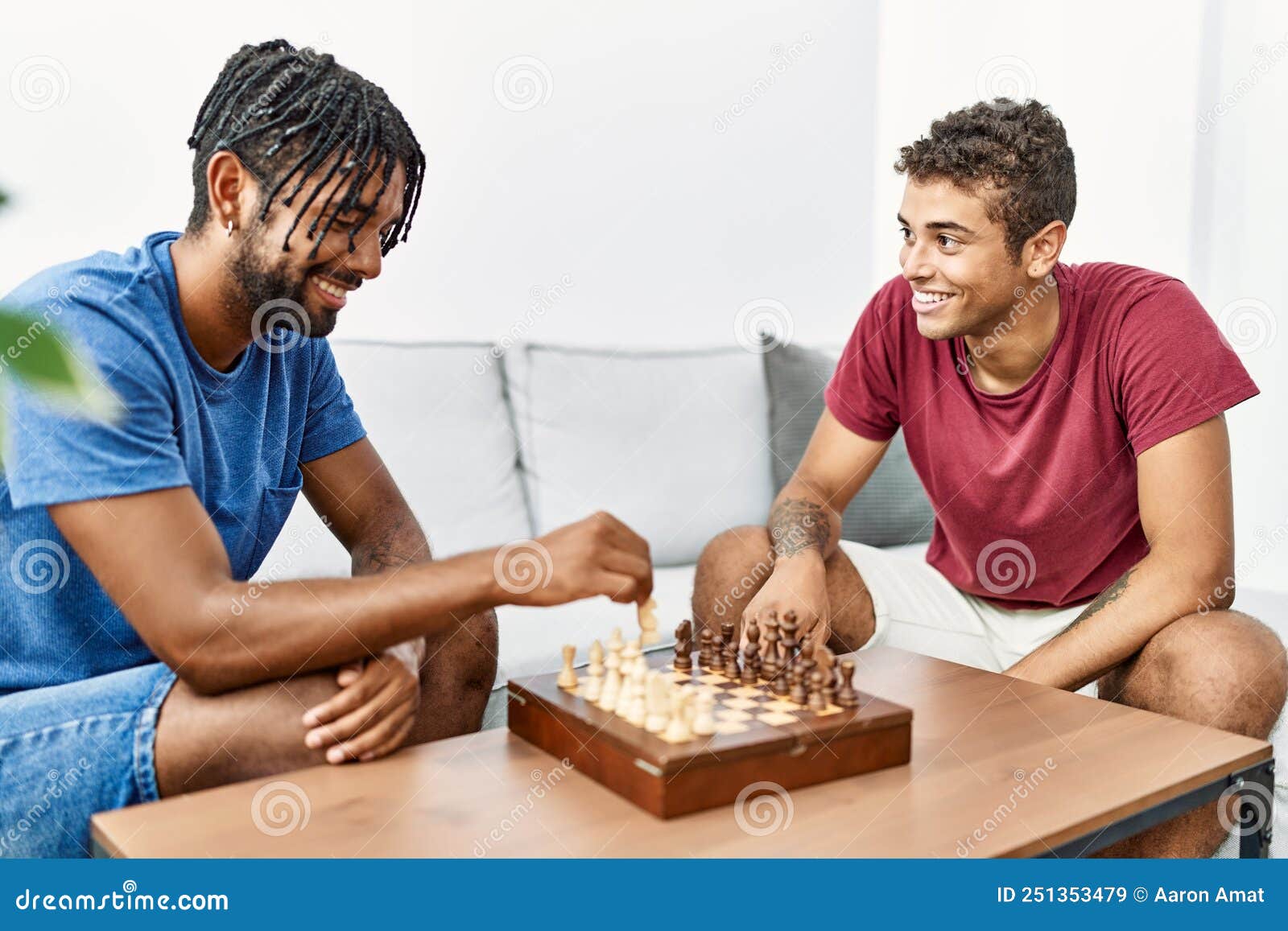 Two Men Friends Playing Chess Sitting on Sofa at Home Stock Image ...
