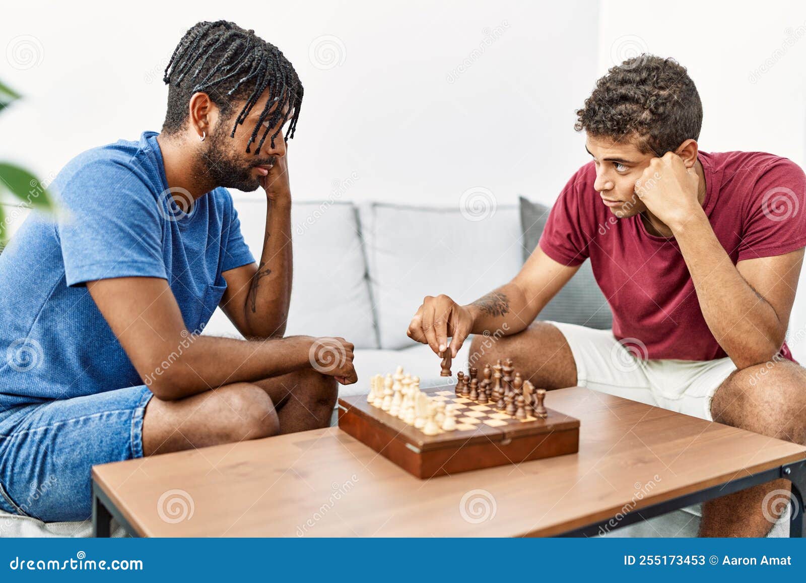 Two Men Friends Playing Chess Sitting on Sofa at Home Stock Image ...