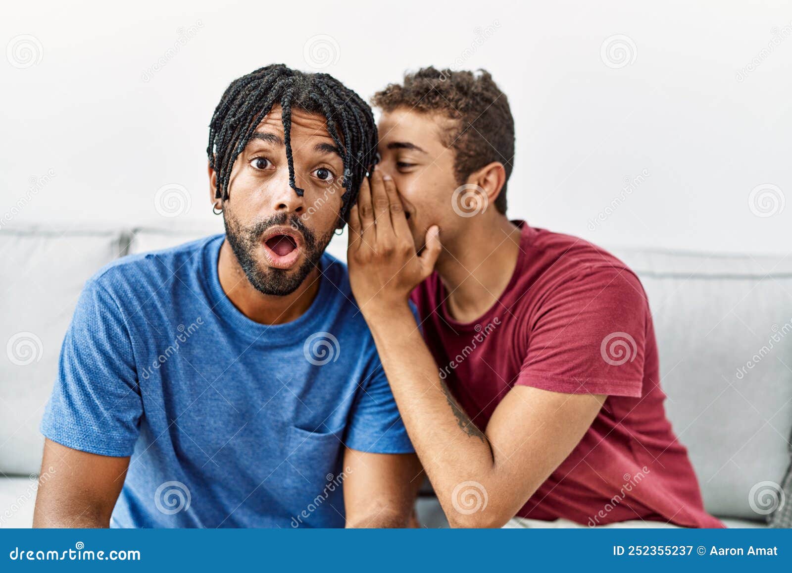Two Men Friends Whispering Secret Sitting on Sofa at Home Stock Image ...