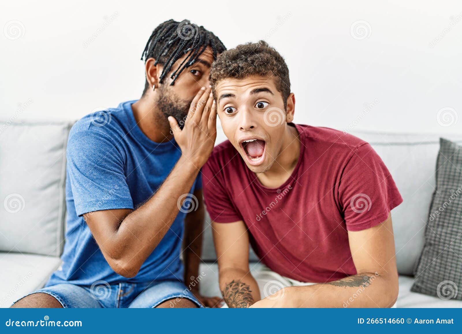 Two Men Friends Whispering Secret Sitting on Sofa at Home Stock Photo ...