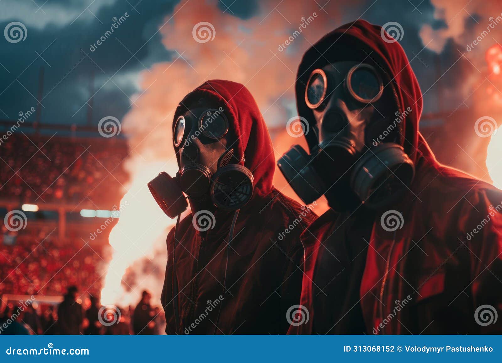 Two Men in Gas Masks Standing in Front of a Stadium Stock Photo - Image ...