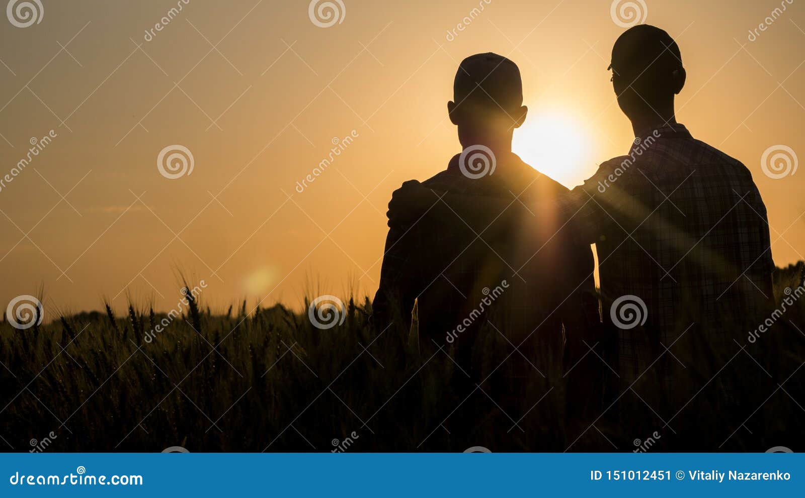 Two Men Gently Hugging at Sunset, Rear View Stock Image - Image of ...