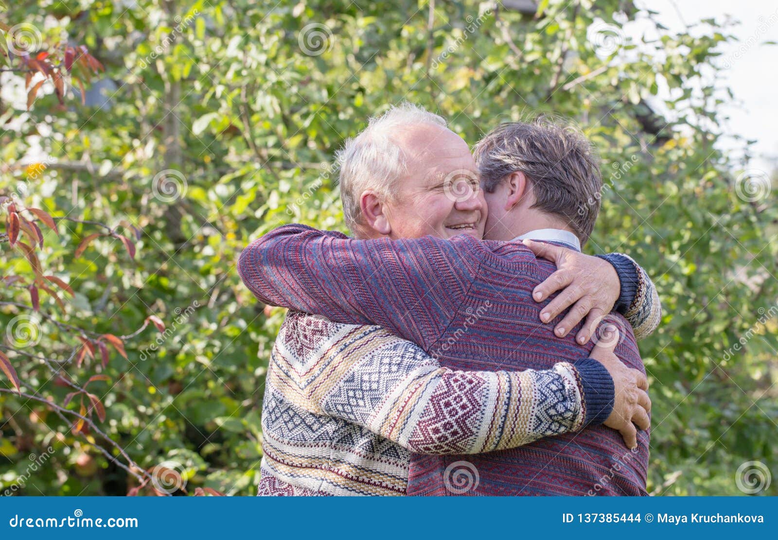 Two Men Hugging in Autumn Park Stock Photo - Image of male, family ...