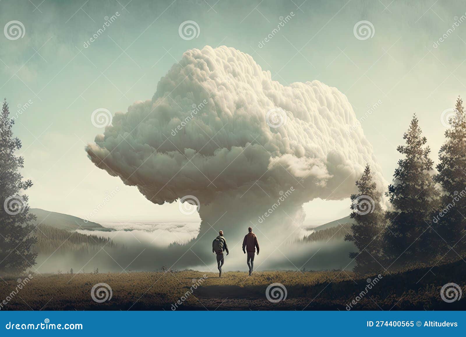 Two Men and Invisible Creature Walking in Air with Cloud Over Forest ...
