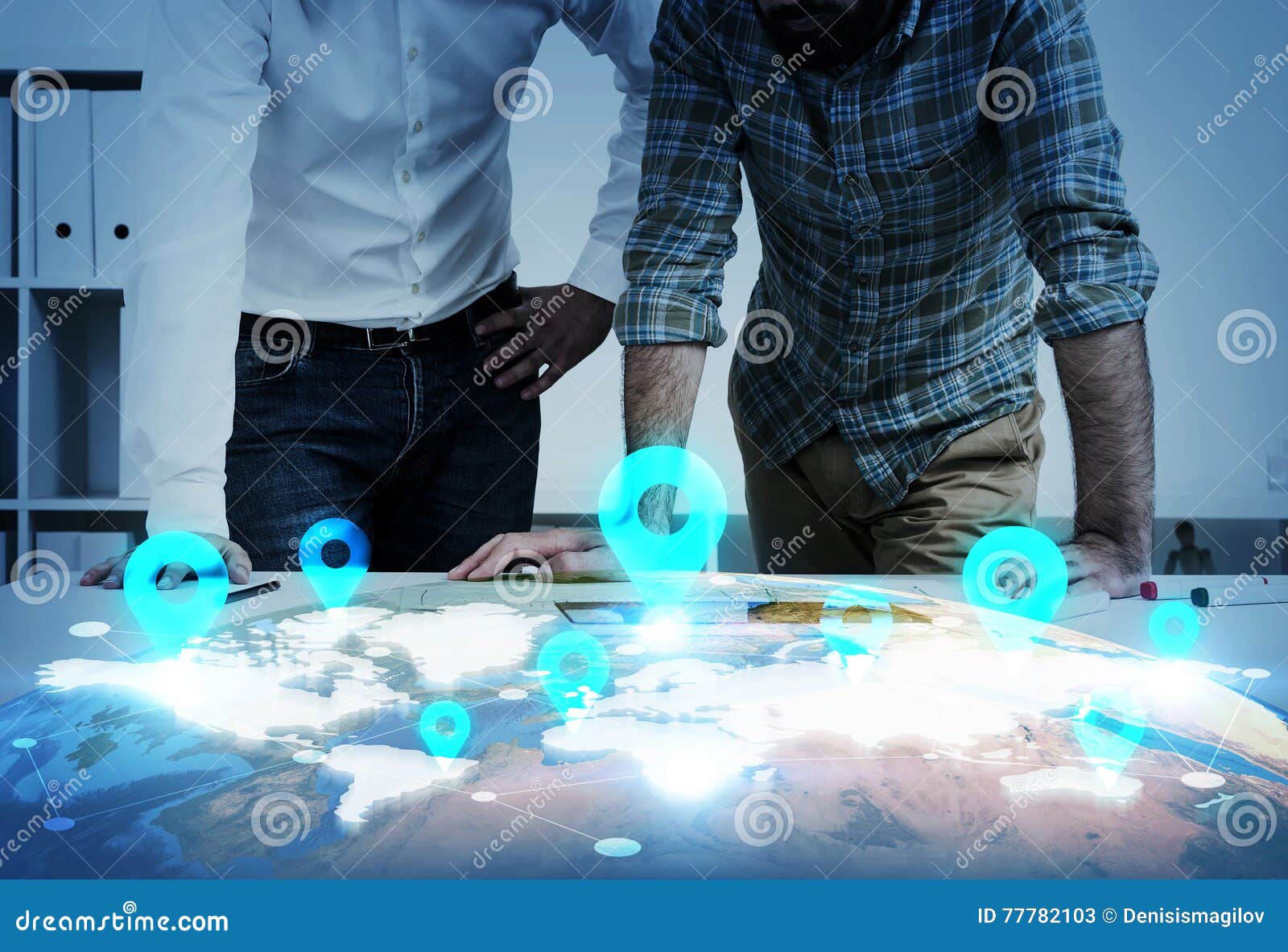 Two Men Leaning Above World Map with Landmarks Stock Image - Image of ...