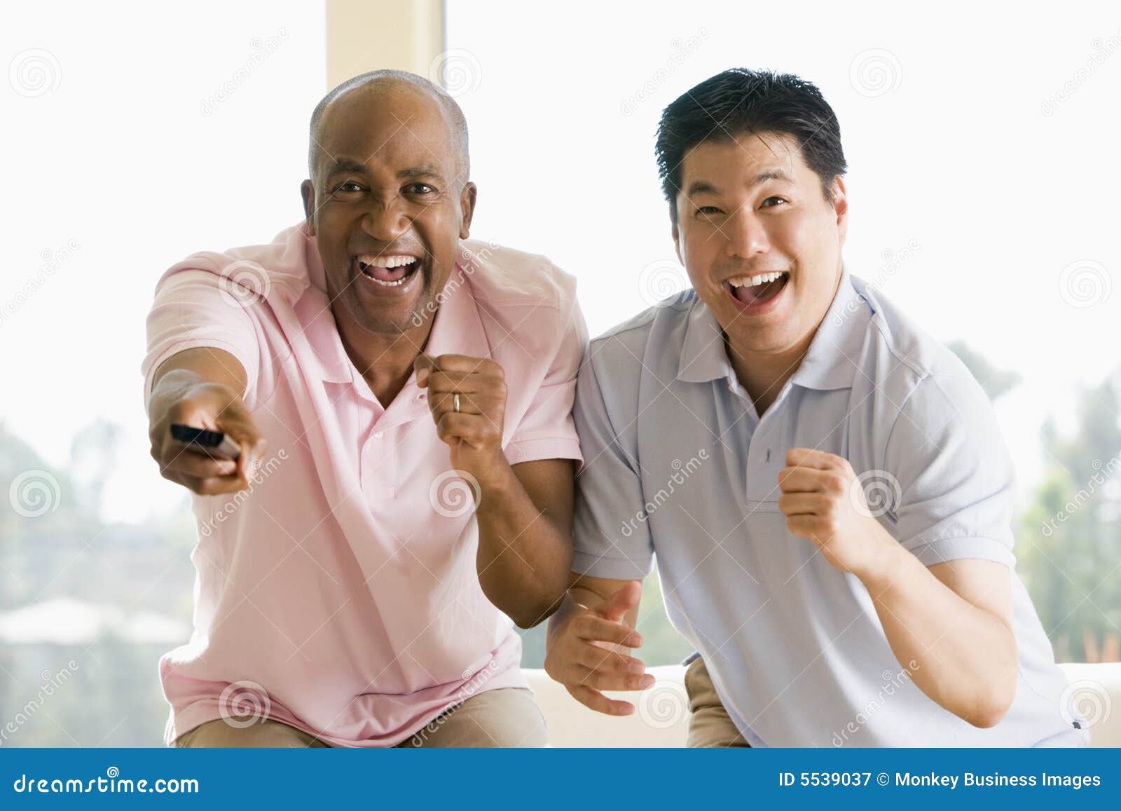 Two Men in Living Room with Remote Control Stock Image - Image of ...