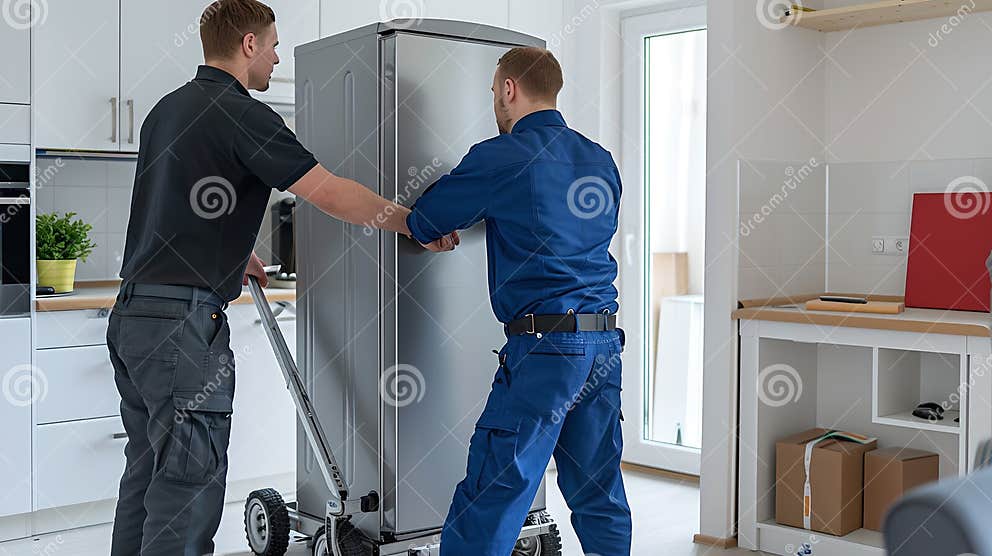 Two Men Moving a Large Refrigerator in a Modern Kitchen. Home ...