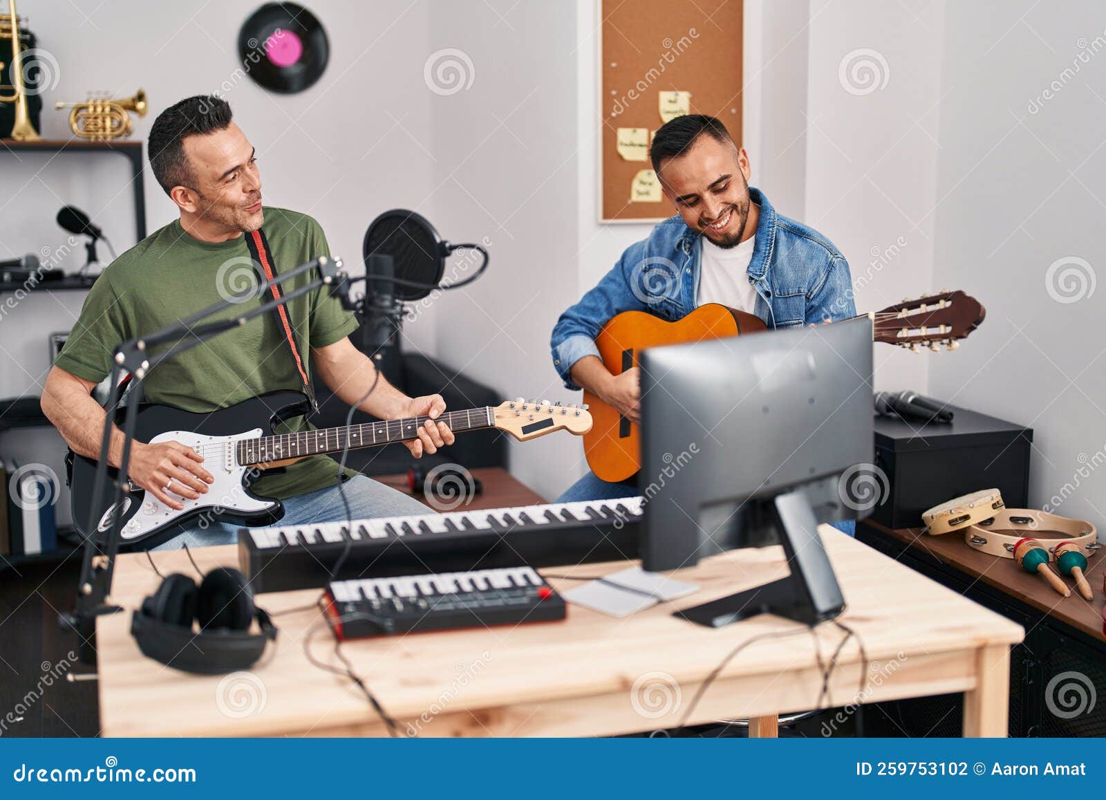 Two Men Musicians Playing Classical and Electrical Guitar at Music ...