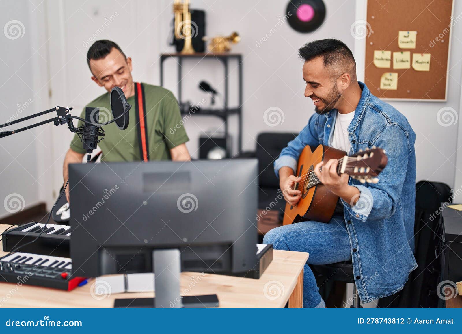 Two Men Musicians Playing Classical and Electrical Guitar at Music ...
