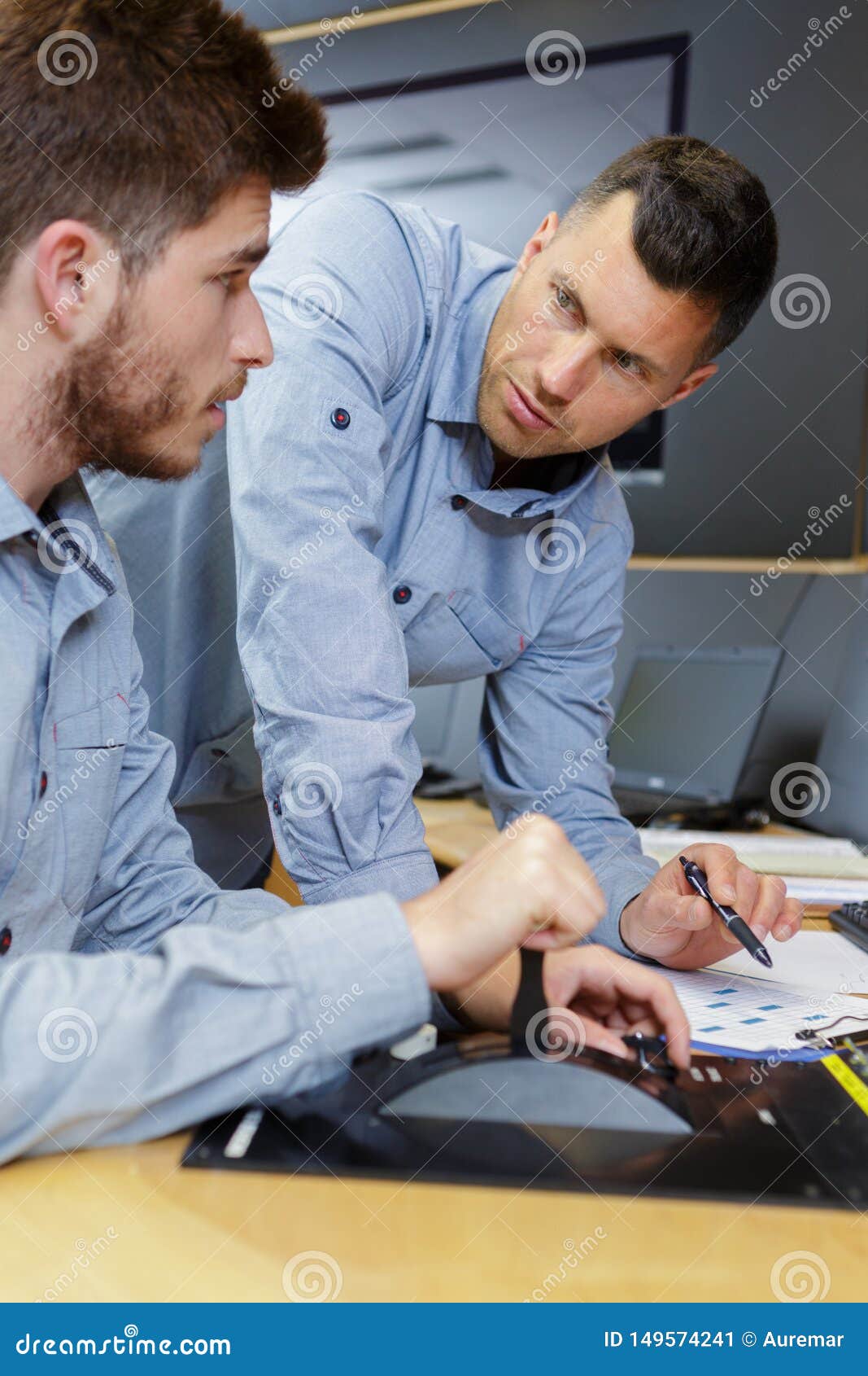 Two Men in Office with Checklist Stock Image - Image of thinking ...