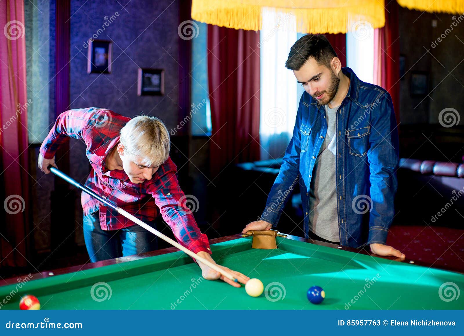 Two men playing billiard stock image. Image of pool, game - 85957763