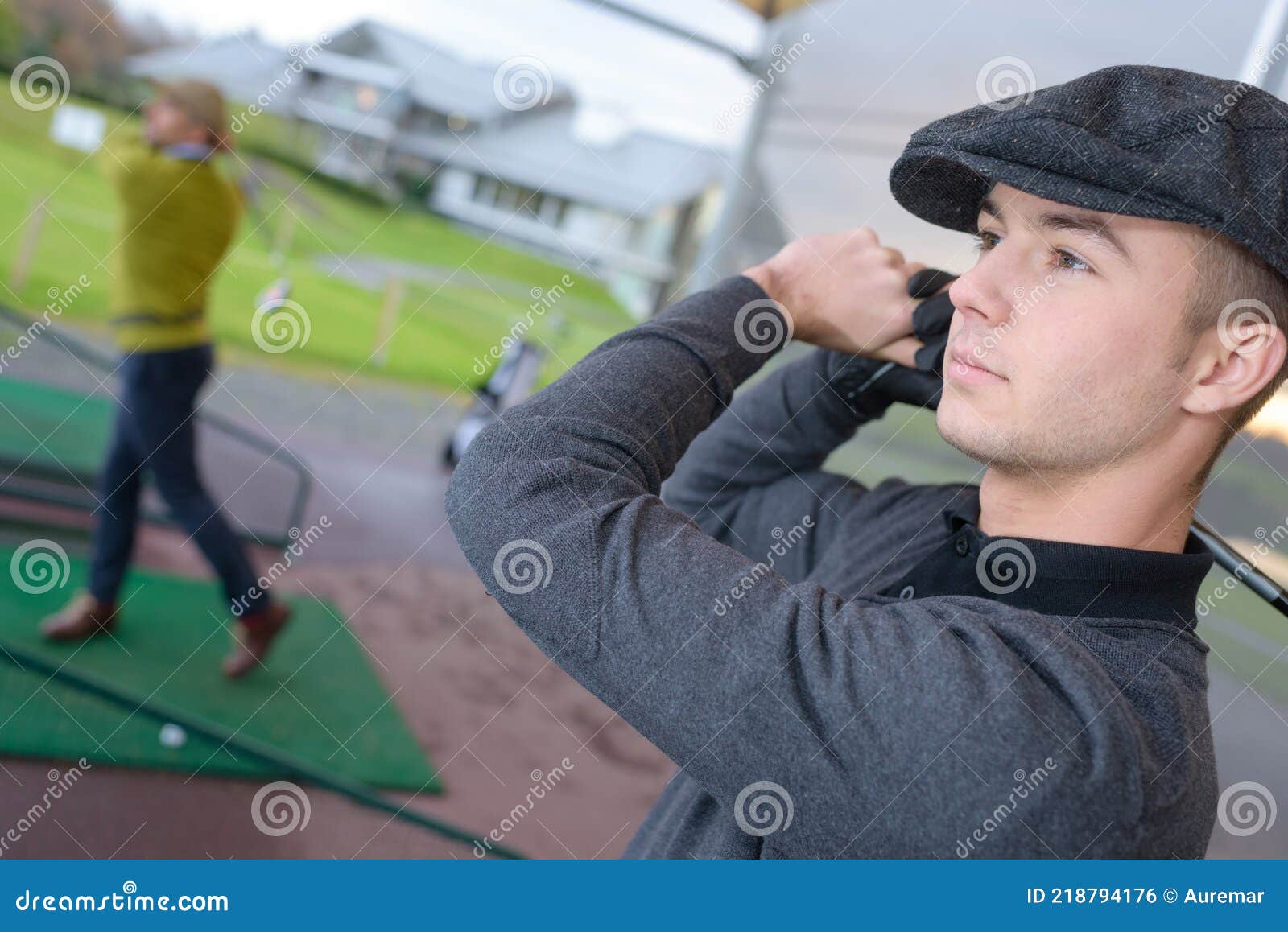 Two Men Practicing Golf Swing Stock Photo - Image of golf, golfing ...