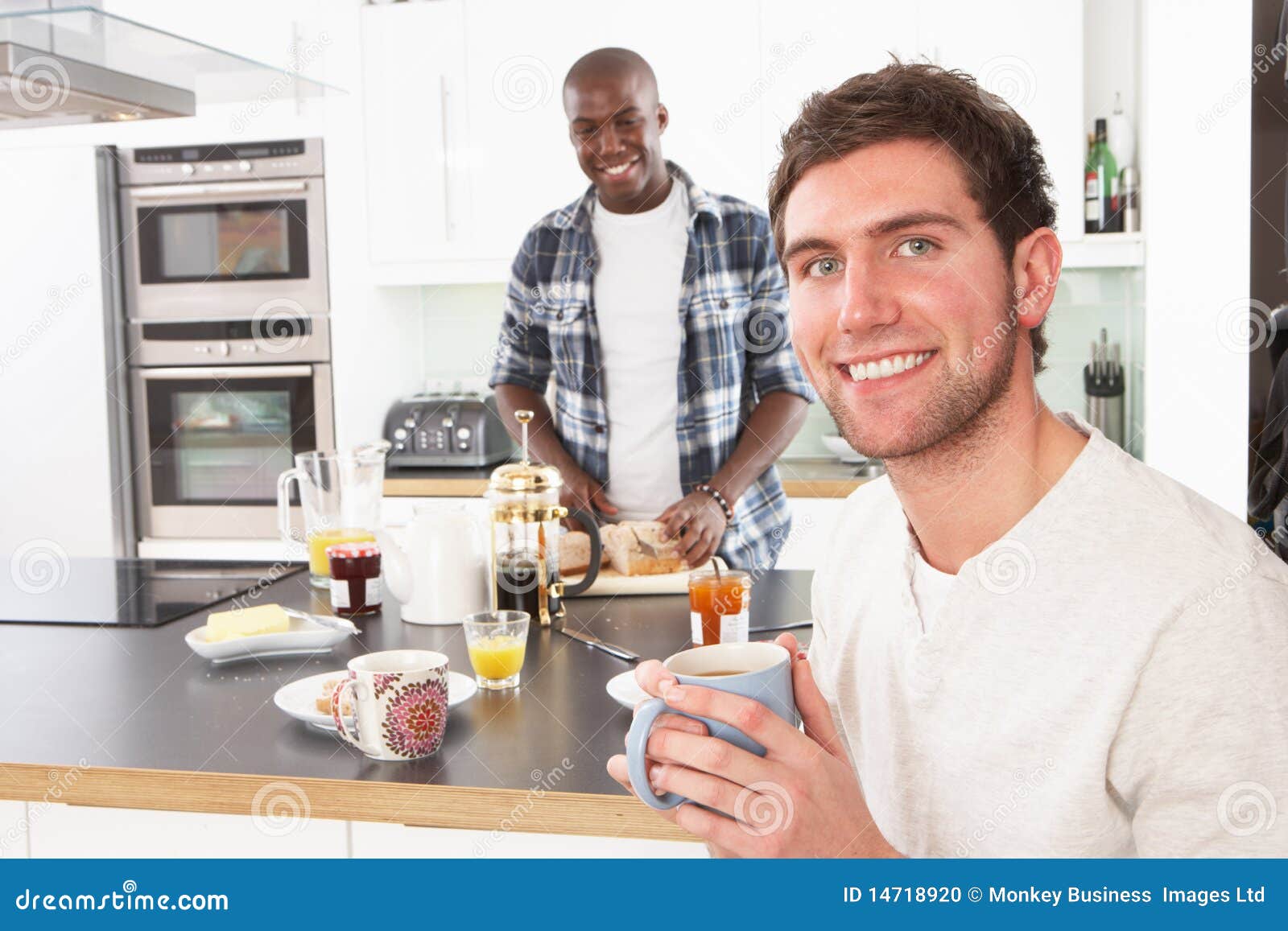 Two Men Preparing Breakfast in Kitchen Stock Photo - Image of happy ...