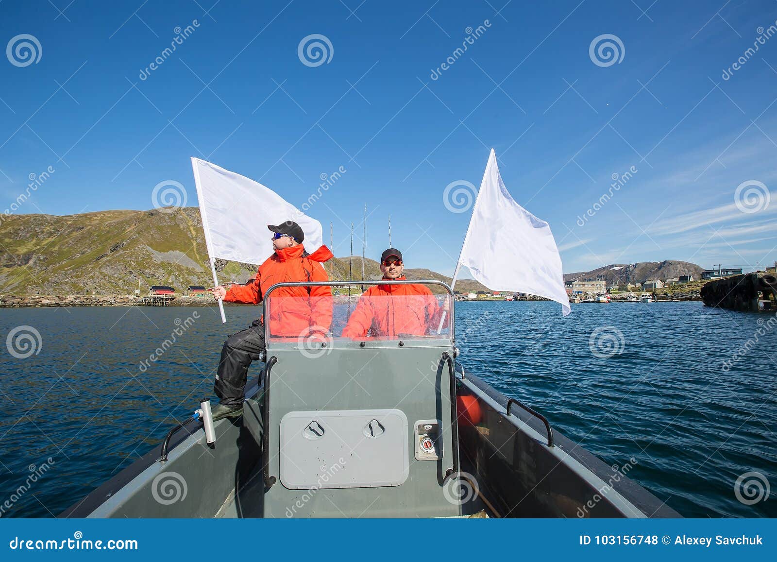 Two Men in Red Jackets with Flags. a Boat. Sea Stock Photo - Image of ...