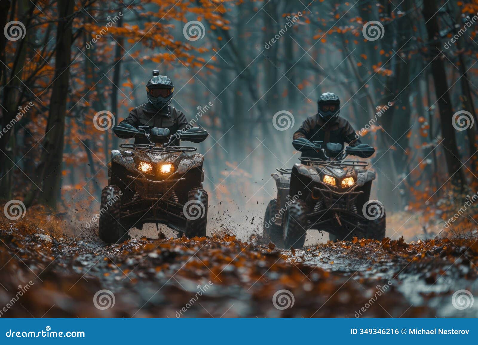 Two Men Riding Atv Quads in the Forest on Muddy Road during a ...