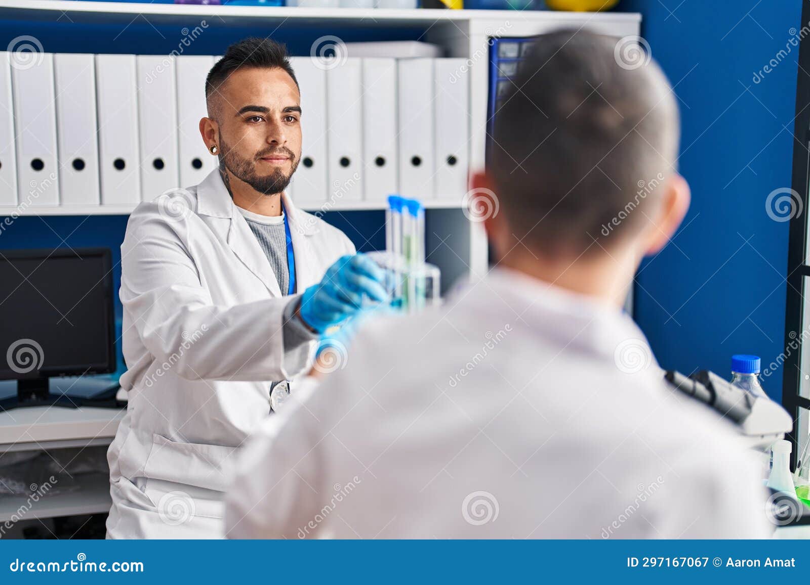 Two Men Scientists Holding Test Tubes at Laboratory Stock Image - Image ...