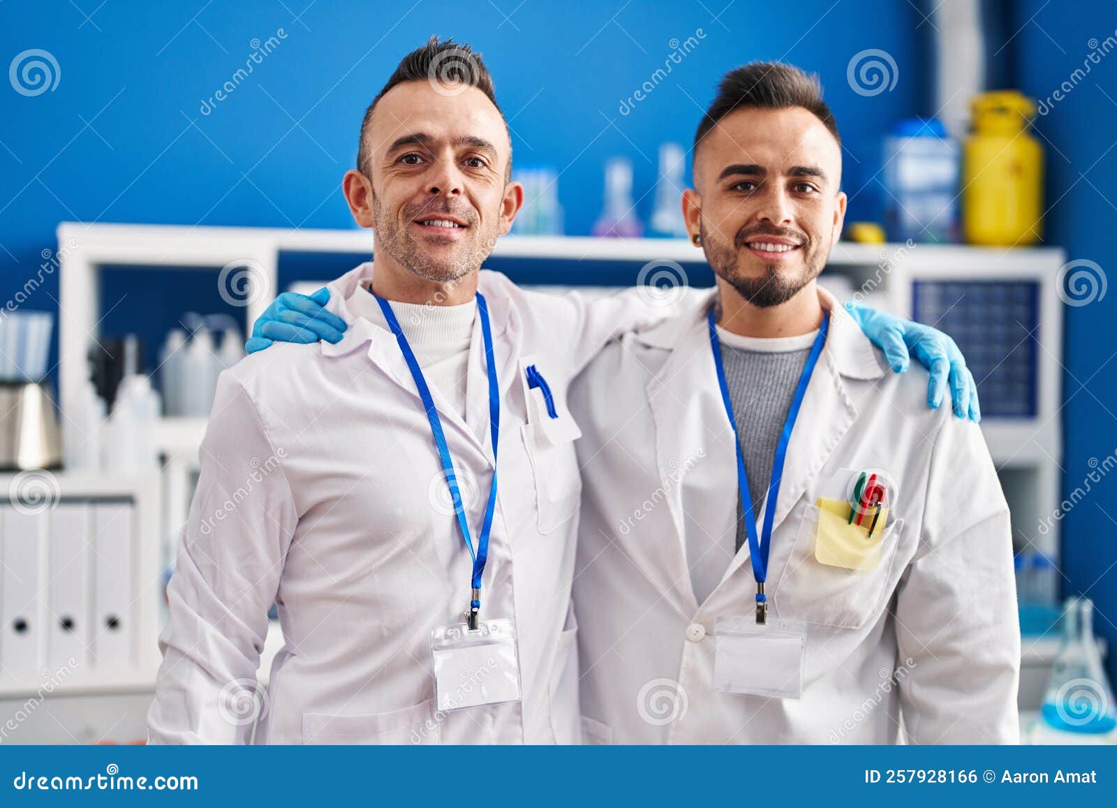Two Men Scientists Smiling Confident Hugging Each Other at Laboratory ...
