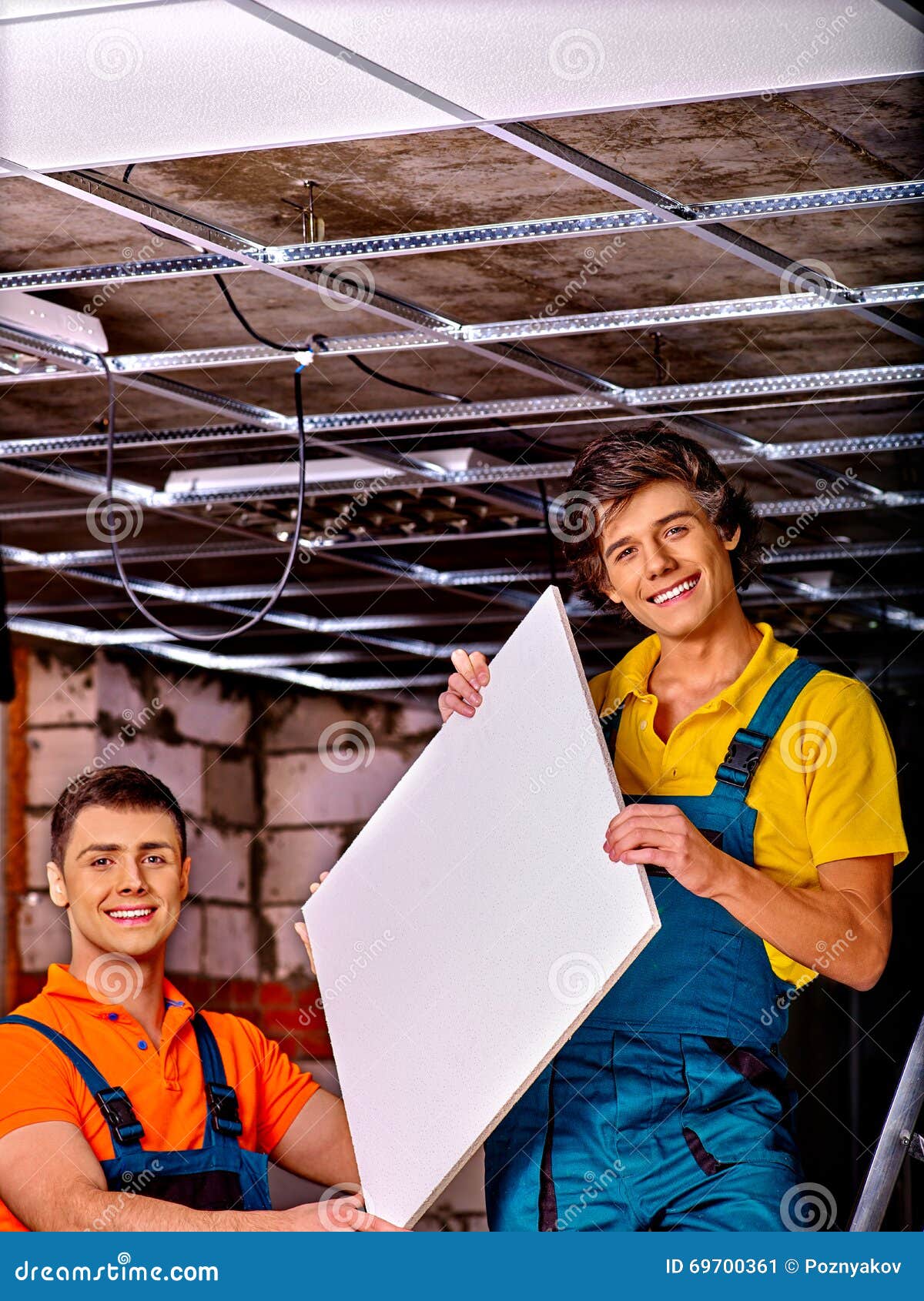The Two Men Set a False Ceiling. Stock Image - Image of decor ...
