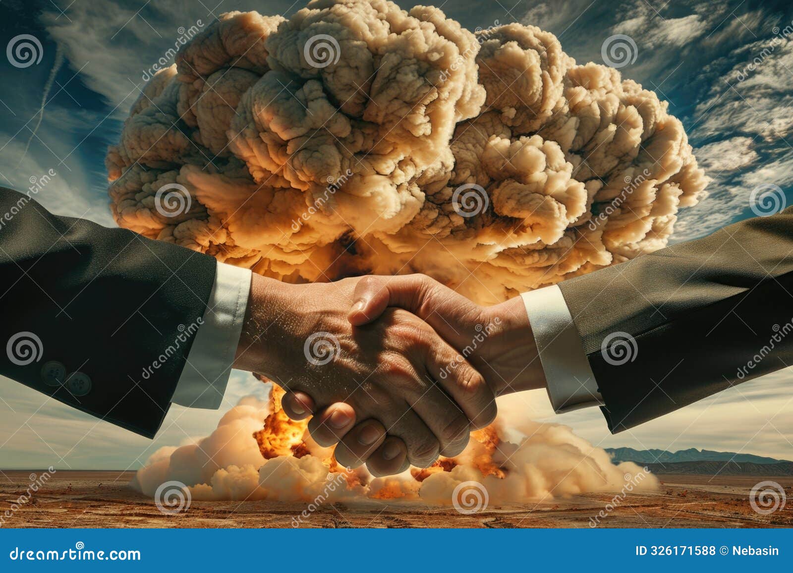 Two Men Shake Hands in Front of a Mushroom Cloud, Symbolizing the ...