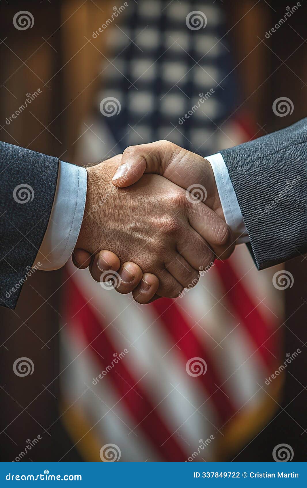 Two Men Shaking Hands in Front of an American Flag Stock Illustration ...