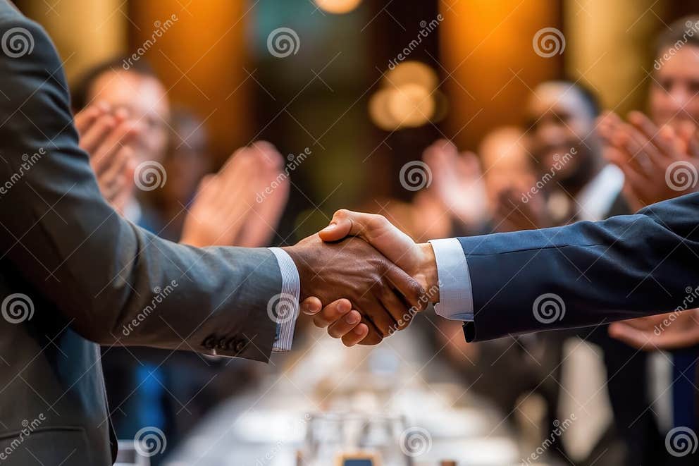 Two Men Shaking Hands in Front of a Group of People Clapping Stock ...