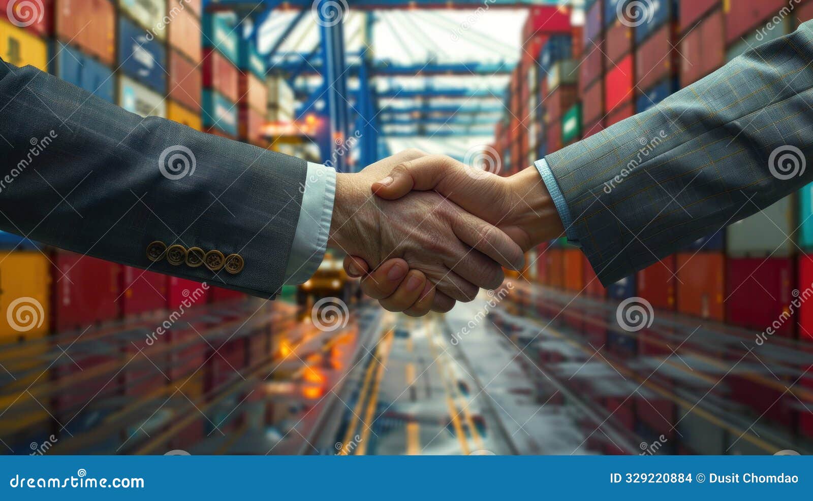 Two Men Shaking Hands in Front of a Large Container Ship Stock Photo ...