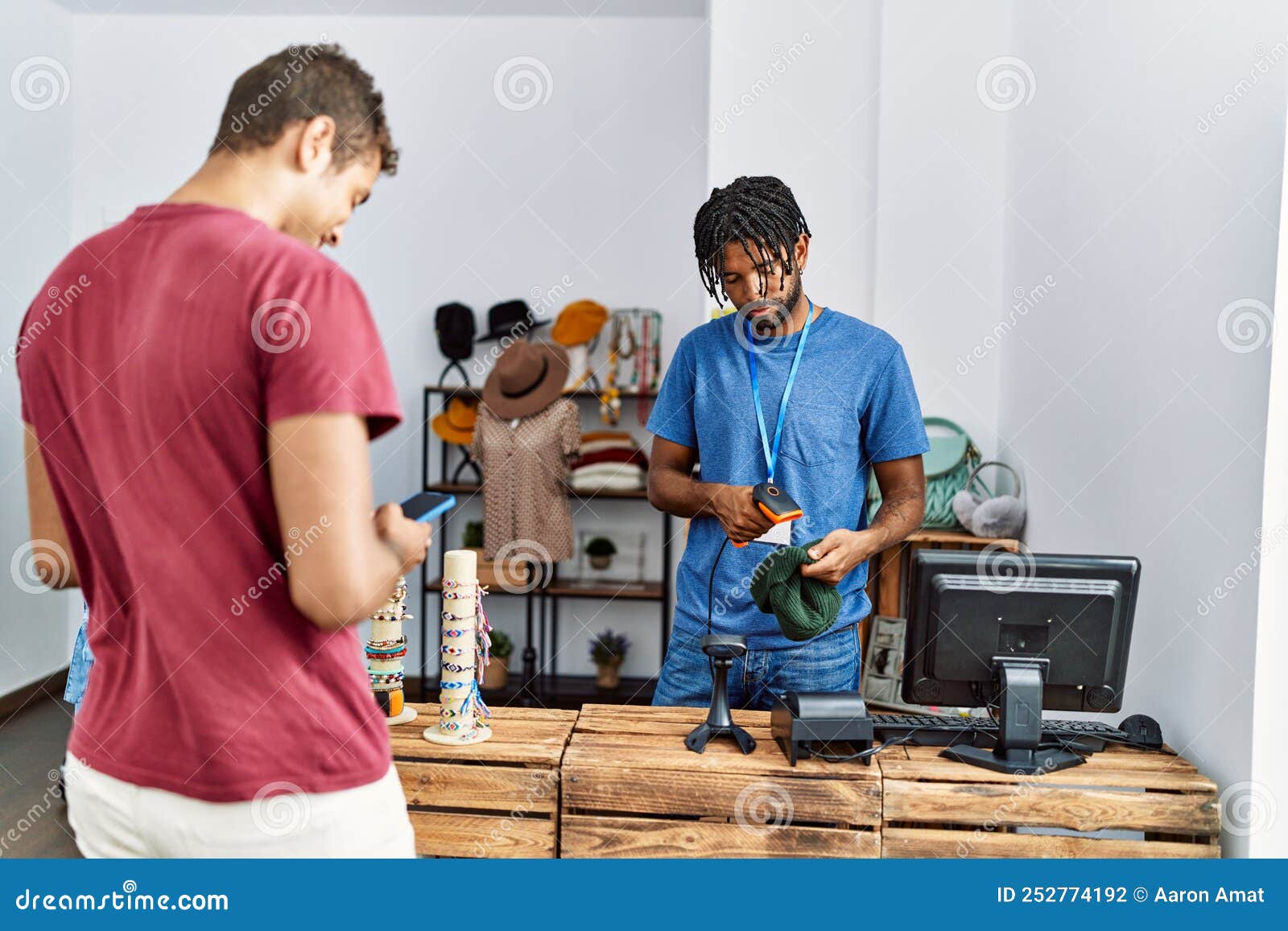 Two Men Shopkeeper and Customer Using Smartphone and Barcode Reader at ...