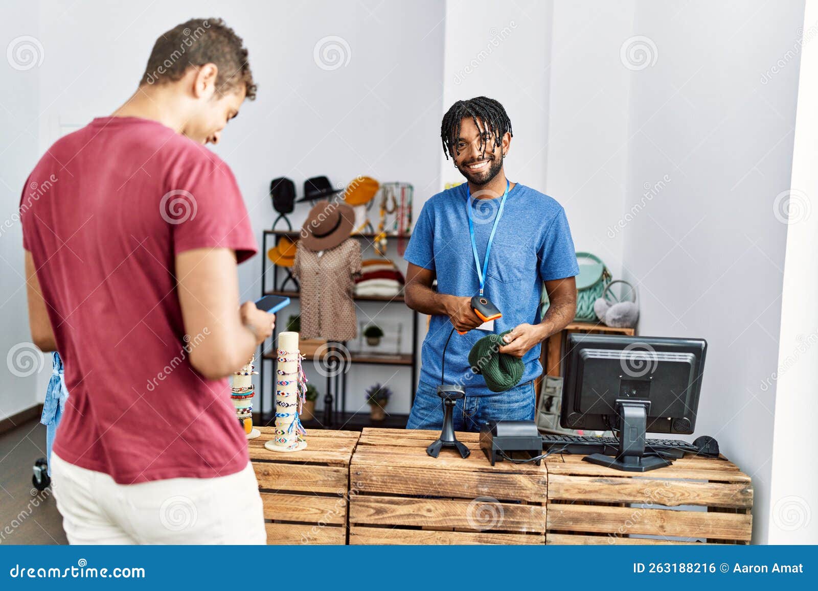 Two Men Shopkeeper and Customer Using Smartphone and Barcode Reader at ...