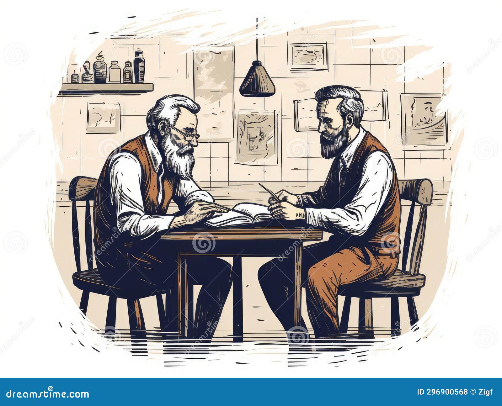 Two Men Sitting at a Table with Papers Stock Illustration ...
