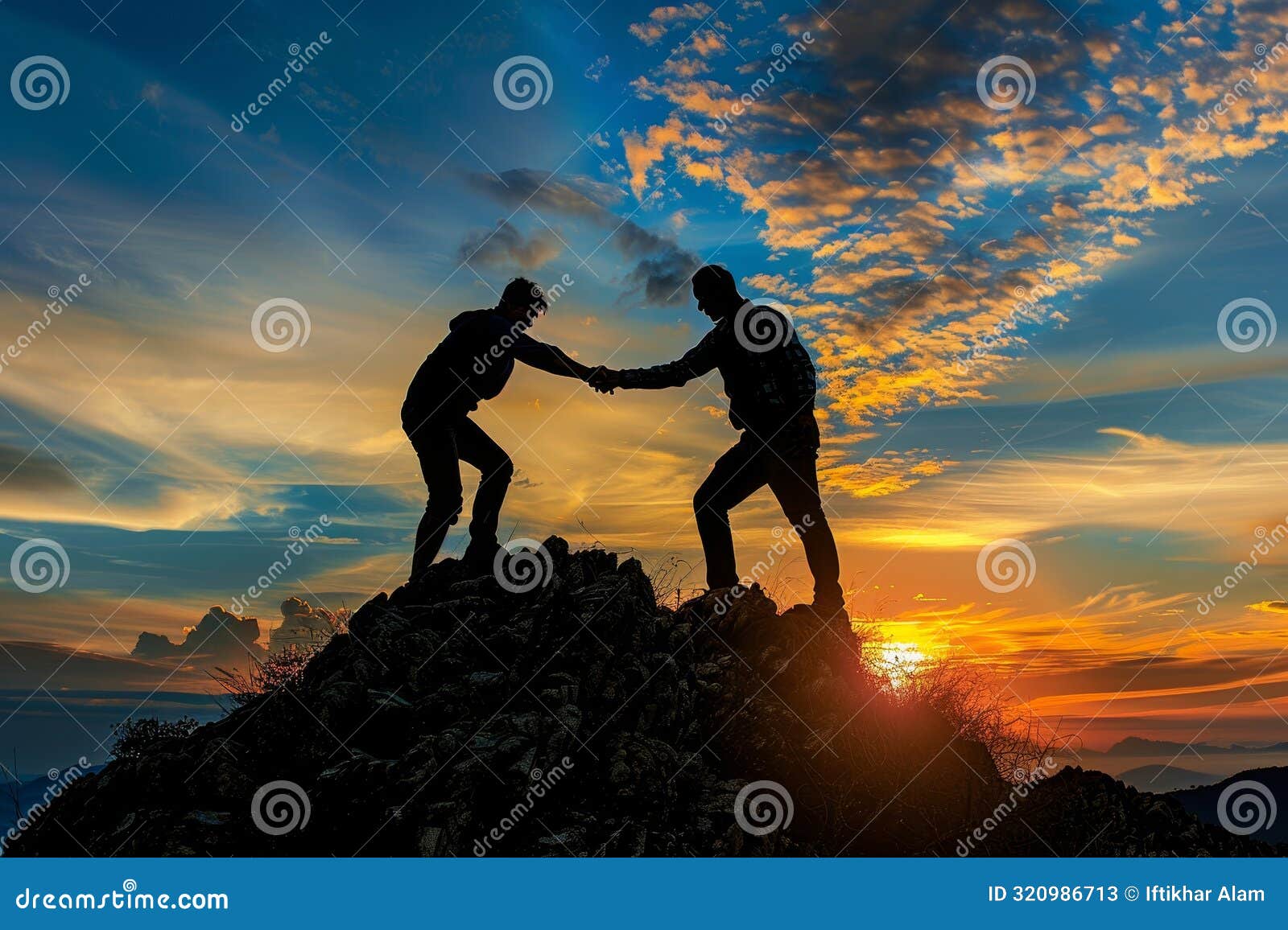 Two Men Standing Confidently on the Summit of a Mountain, Mutual ...