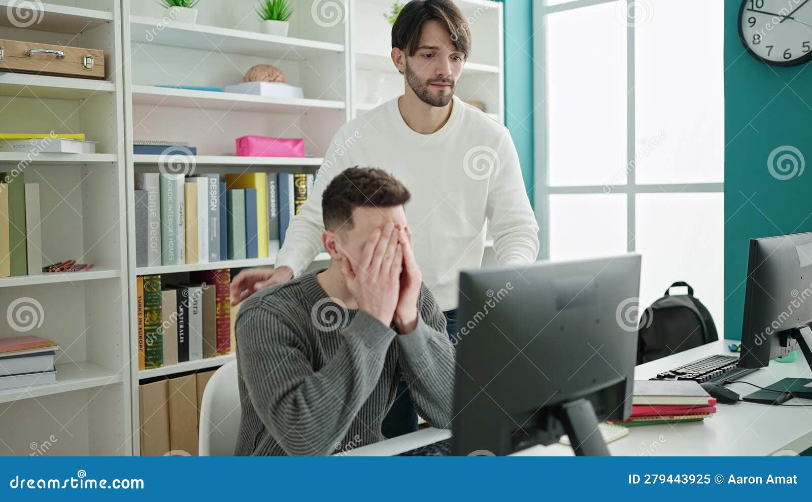 Two Men Students Stressed Using Computer Studying at Library University ...
