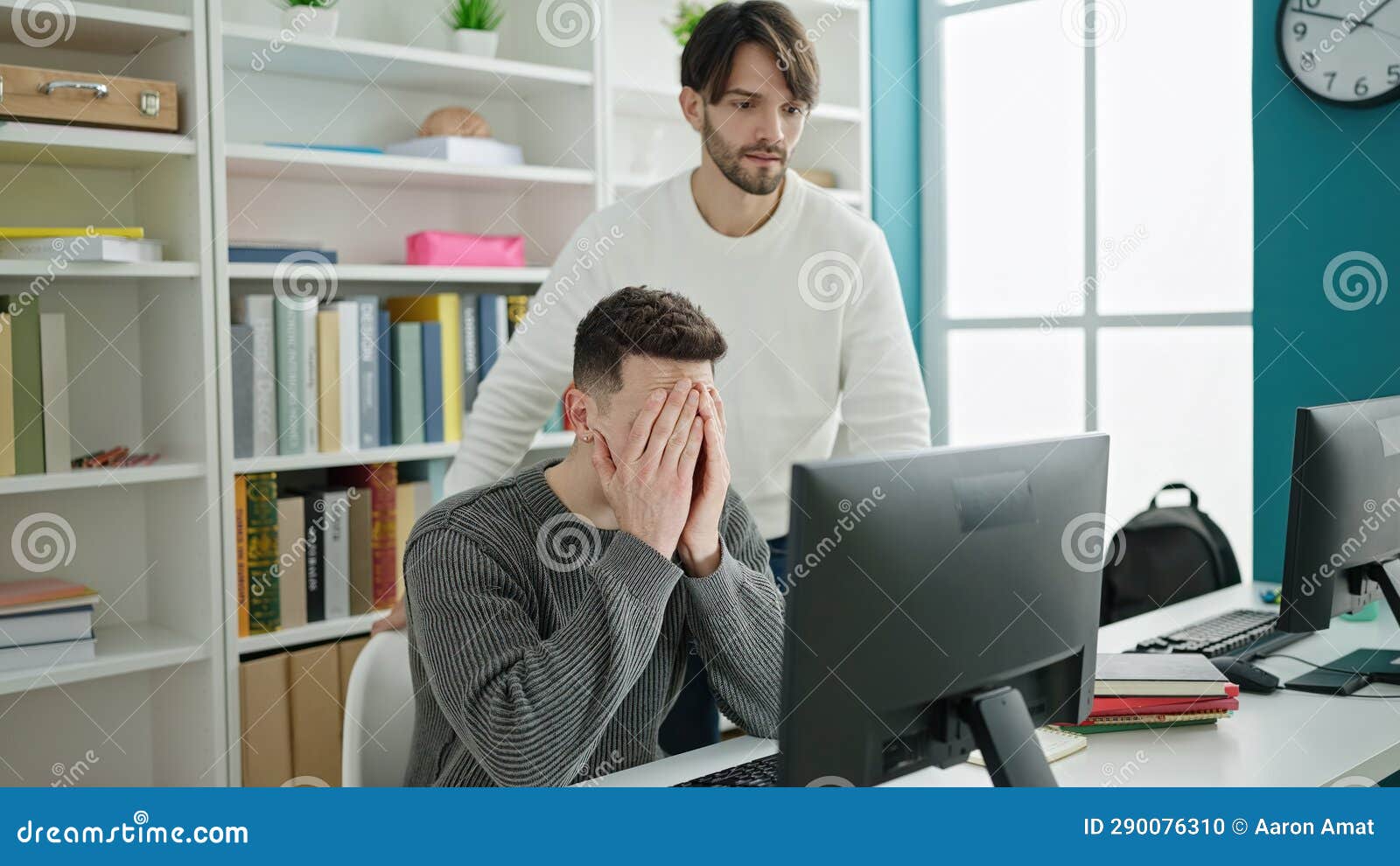 Two Men Students Stressed Using Computer Studying at Library University ...