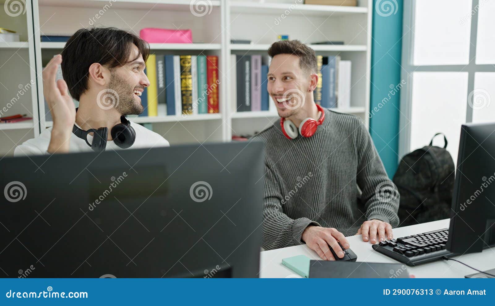 Two Men Students Using Computer Studying at Library University Stock ...