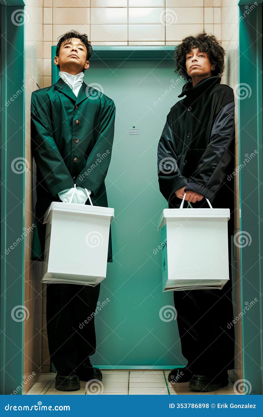 Two Men in Suits Holding Boxes in a Public Restroom Stock Illustration ...