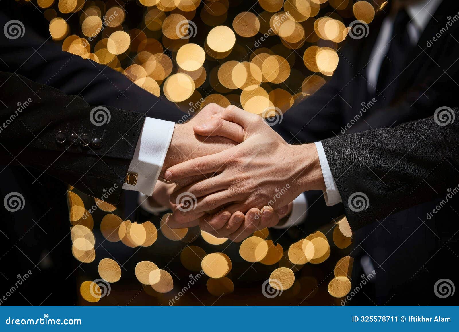 Two Men in Suits Shake Hands with a Blurred Background of Golden Lights ...
