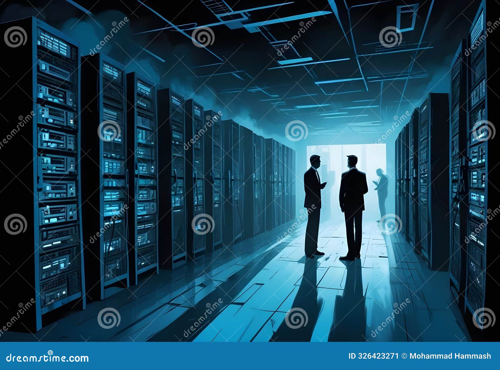 Two Men in Suits Stand in a Server Room Talking. the Room is Filled ...