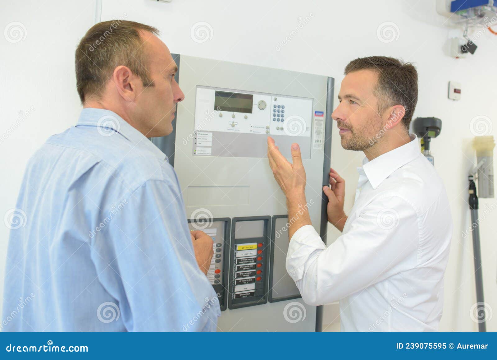 Two men talking in office stock image. Image of sharing - 239075595