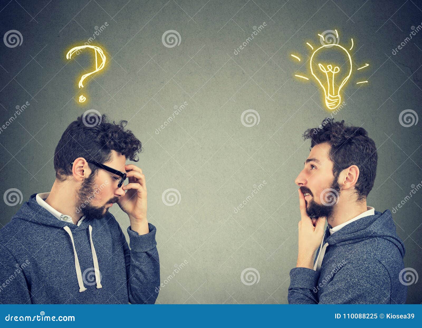 Two Men Thinking One Has a Question Another Solution with Light Bulb ...