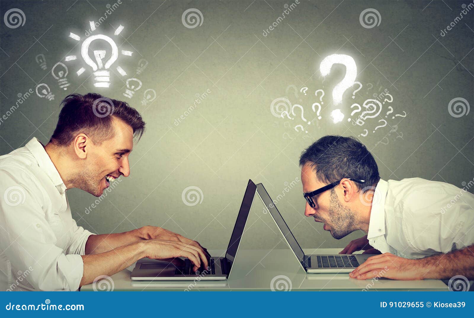 Two Men Using Laptop Computer One Educated Has Bright Ideas the Other ...