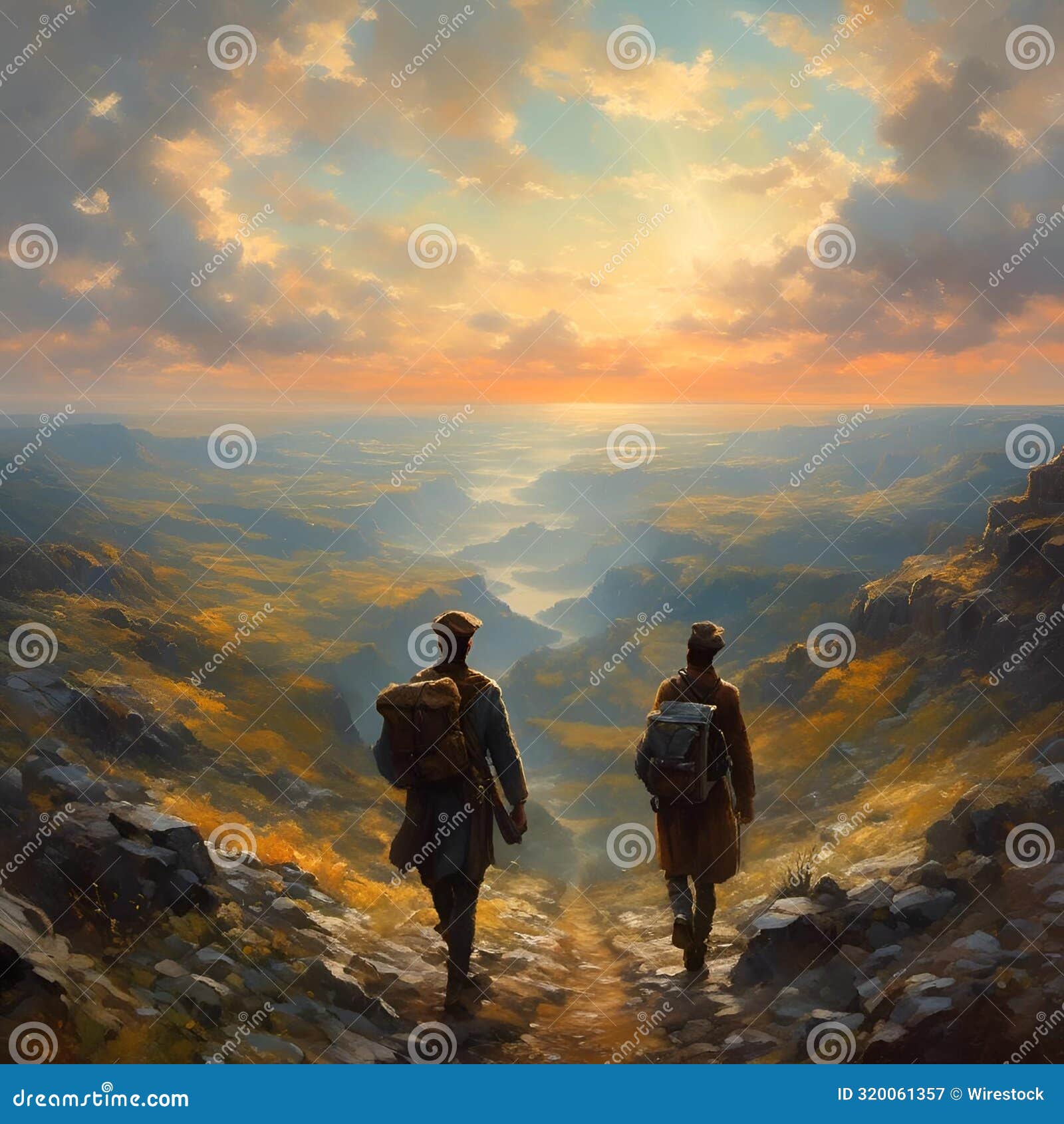 Two Men Walk Down a Path To Their Destination on the Edge of a Valley ...