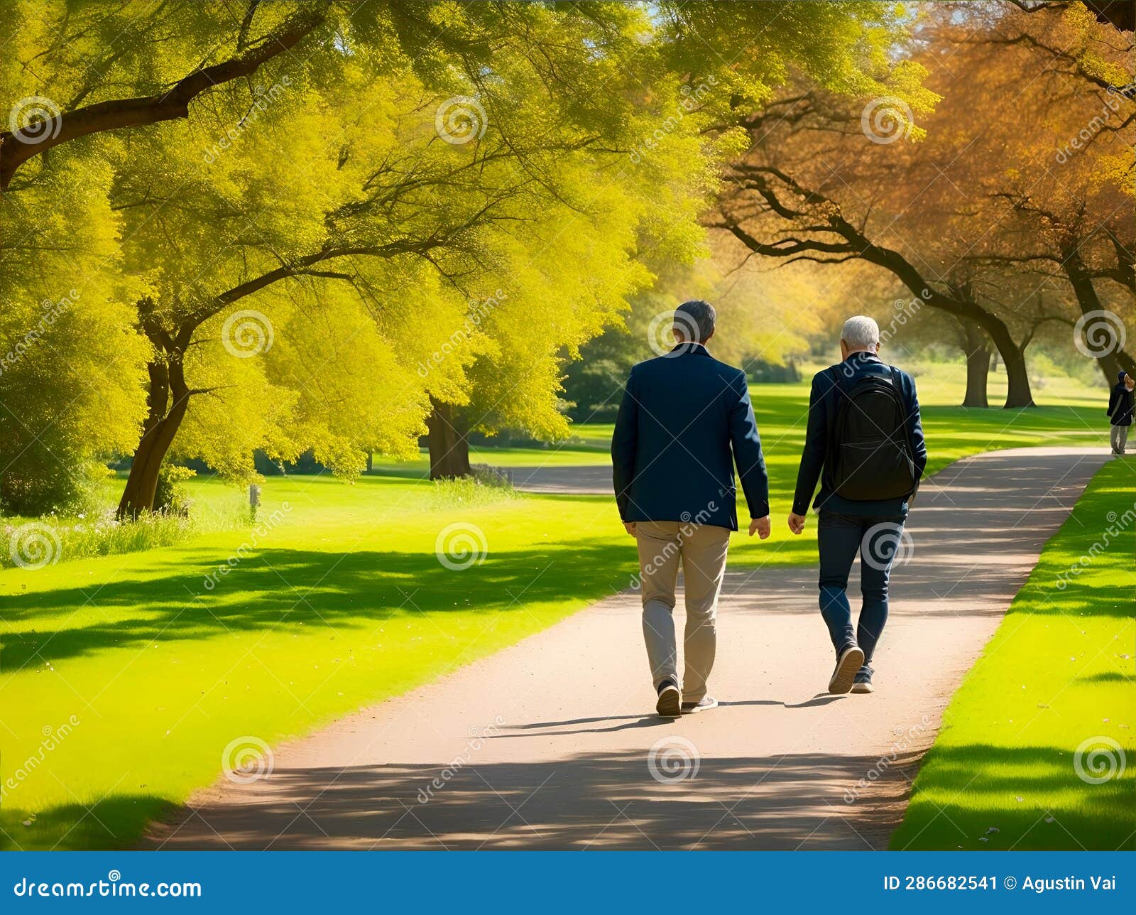 Two Men Walking Along a Path Surrounded by Trees Stock Illustration ...