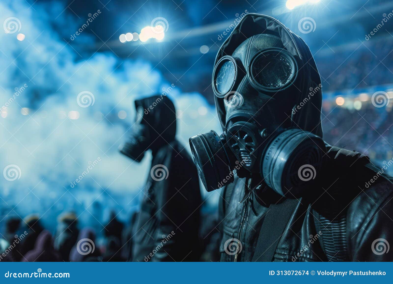 Two Men Wearing Gas Masks at a Stadium Stock Photo - Image of smoke ...